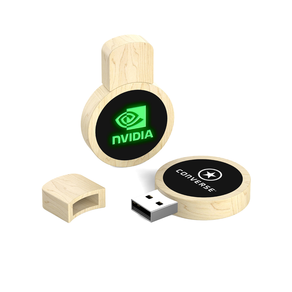Promotional LED Logo Circle Wood USB Flash Drive 2.0